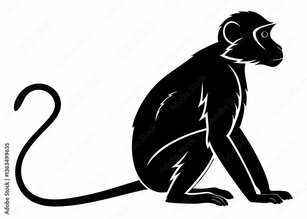 Side view of black monkey silhouette seated calmly with curved tail in ...