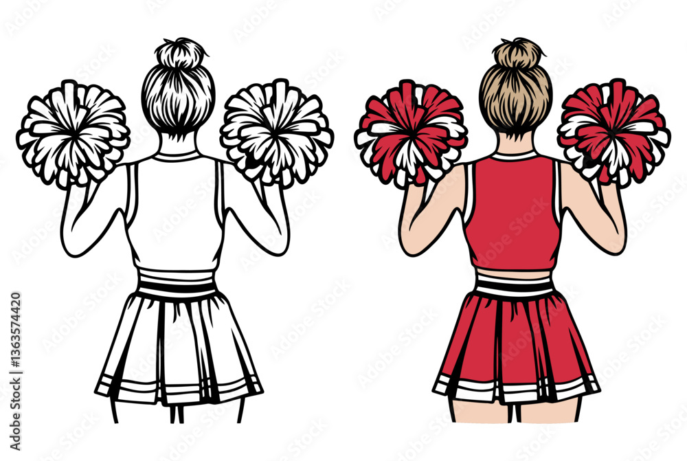 Cheerleader with pom-poms. Silhouettes of cheerleaders. Back View ...