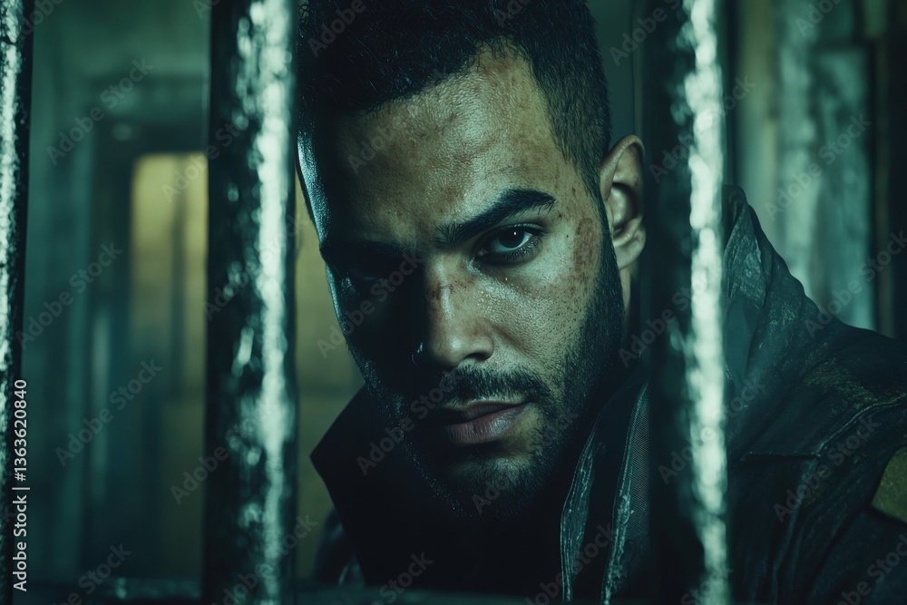 Intense portrait of a man behind bars with a determined expression ...