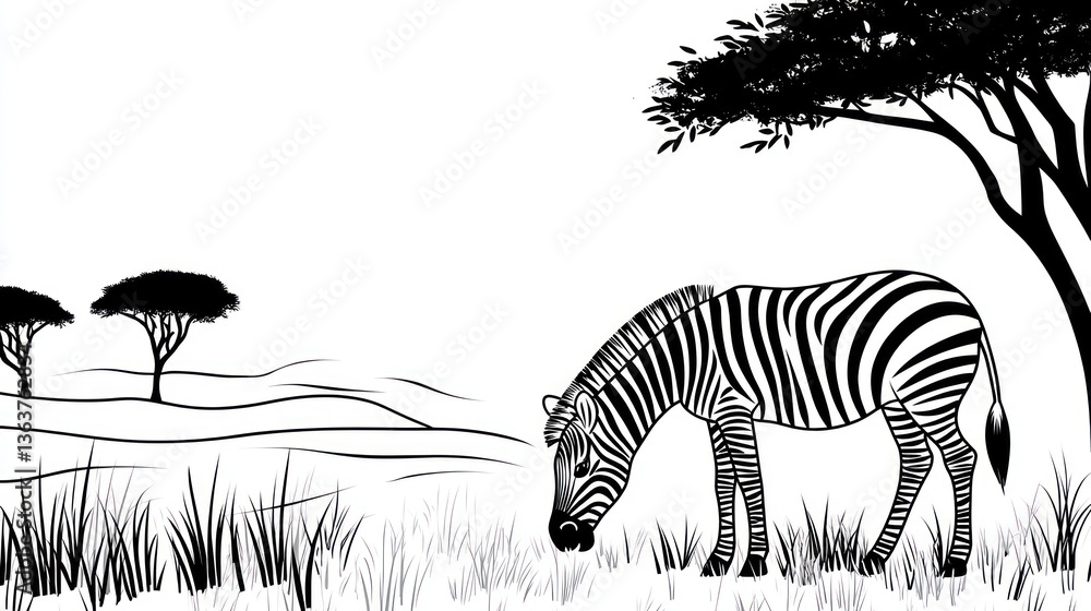 Zebra grazing in African savanna, trees in background, wildlife ...