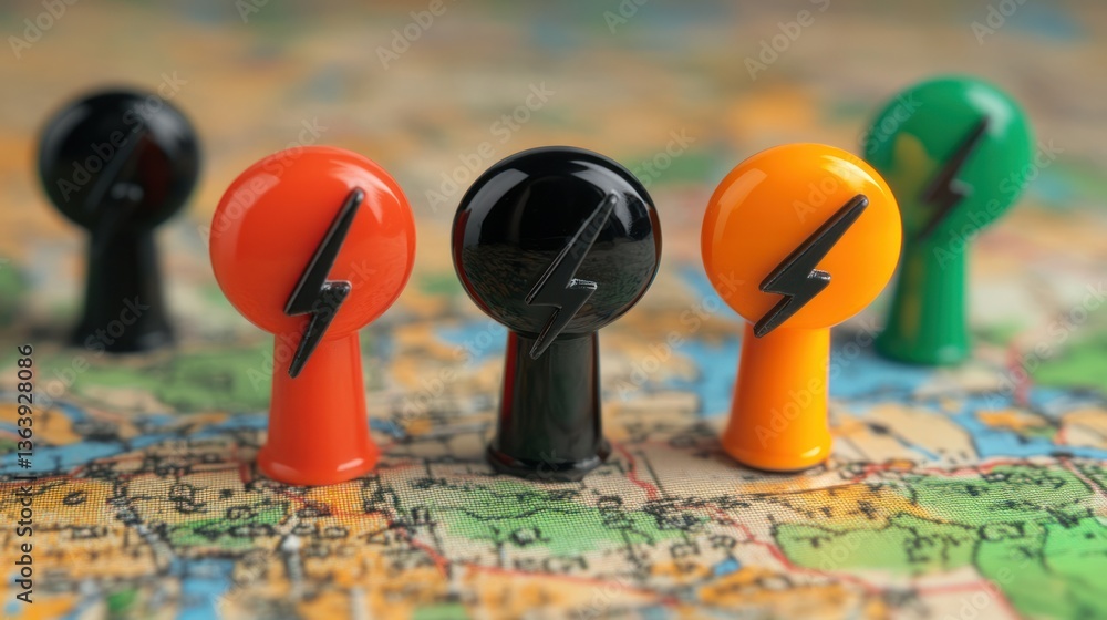 Power grid map markers; energy supply locations; planning ...