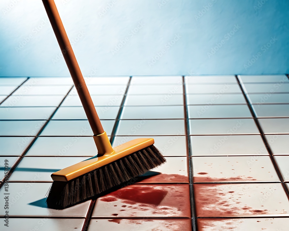 Mop and bucket with blood on the floor, a dramatic and intense cleaning ...