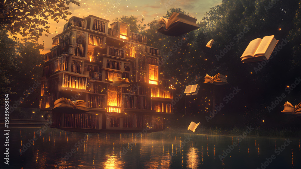 Floating Library: A surreal image captures a mystical scene where a ...