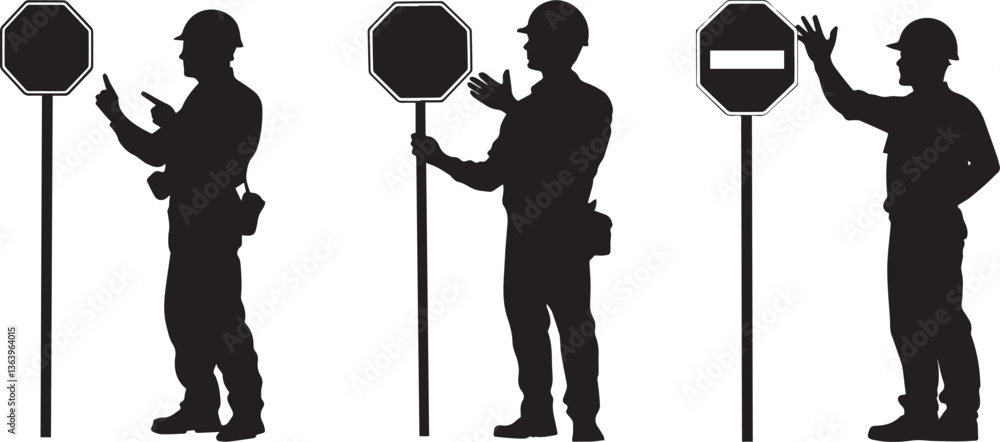 Silhouette of a construction worker directing traffic with a stop sign ...
