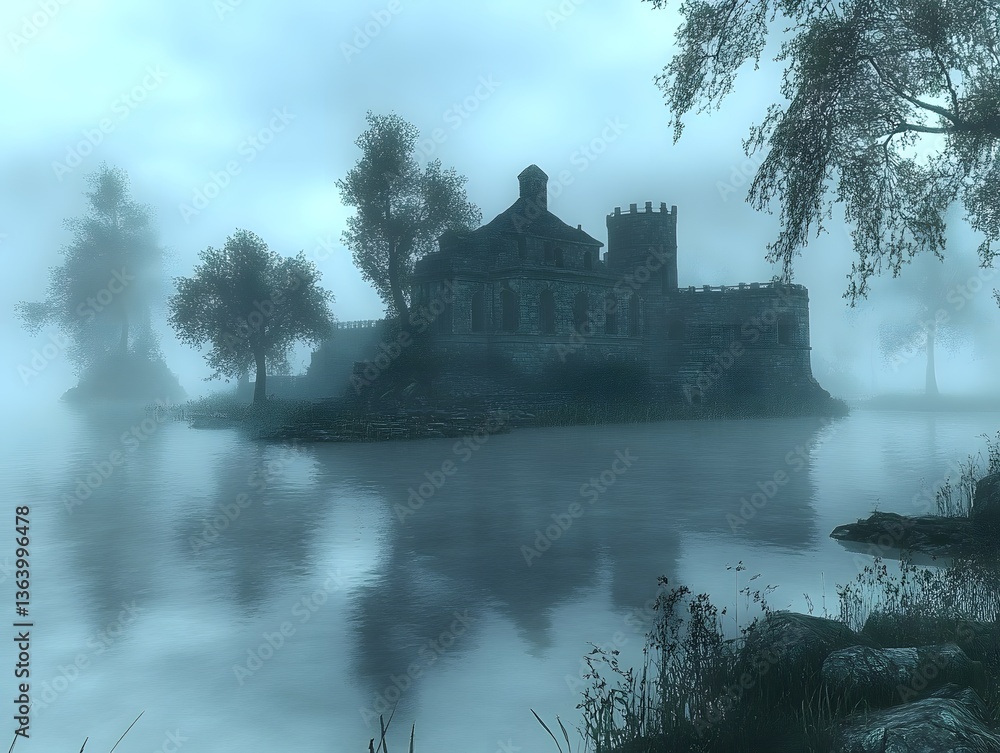 Mystic Castle Reflection: The serene, water-bound castle stands against ...