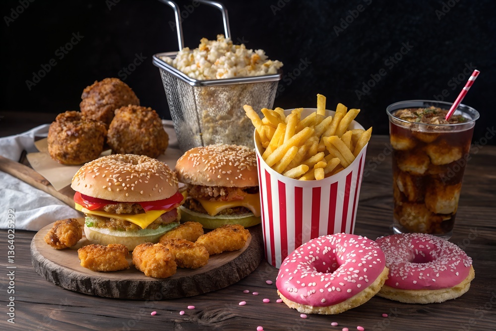 Ultimate Junk Food Feast Burgers, Fries, Donuts & More! Stock Photo ...