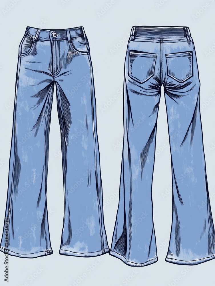 Technical fashion illustration of wide leg jeans mockup showcasing ...