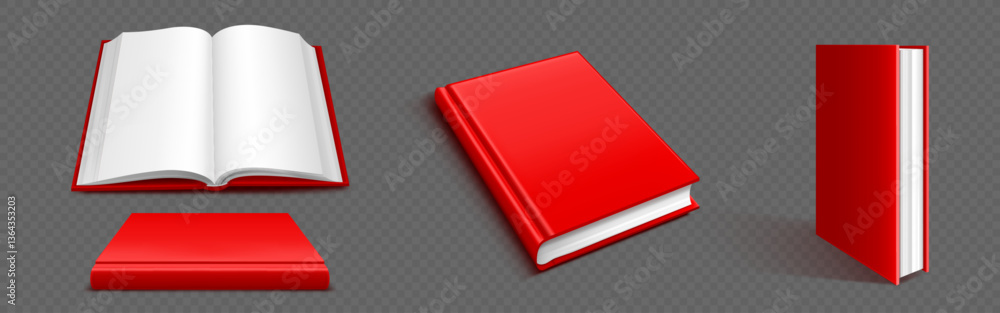 Open book from different angles with side view. Red hardcover ...