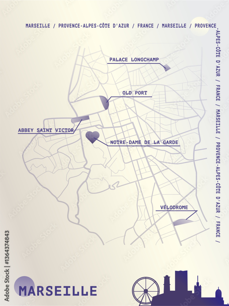 Marseille map, detailed atlas poster with roads, landmarks plan. Vector ...