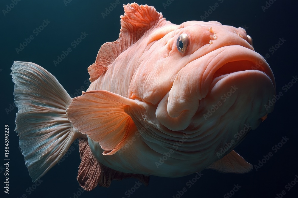 A pink blobfish floats, its face wrinkled and droopy, against dark ...