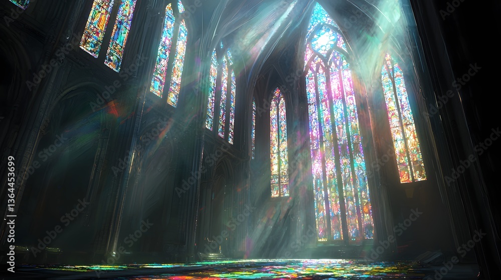 Illustration Stock 17. A sunken cathedral with towering stained-glass ...