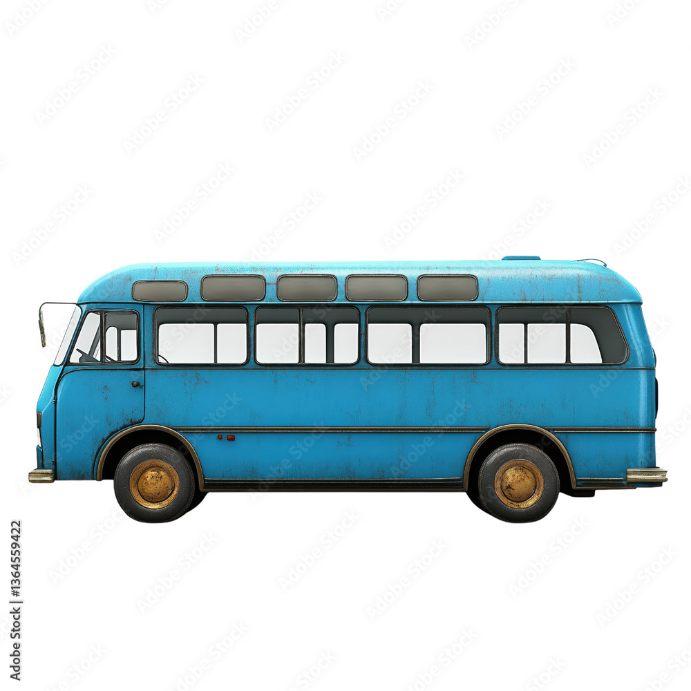 vintage blue bus with weathered exterior, with large windows and round ...