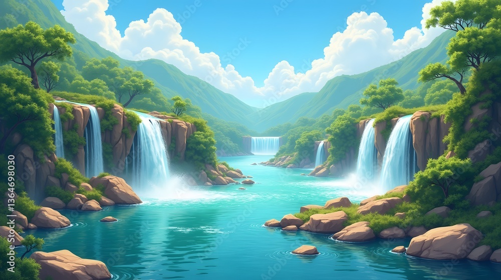 A stunning landscape of cascading waterfalls surrounded by lush ...