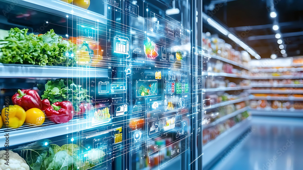 Smart shopping experience supermarket digital content modern retail environment close-up view ...
