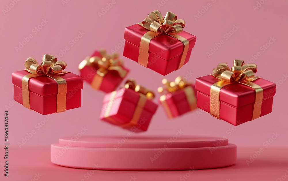 Red Gift Boxes with Gold Ribbons Floating Above a Pink Pedestal Stock ...