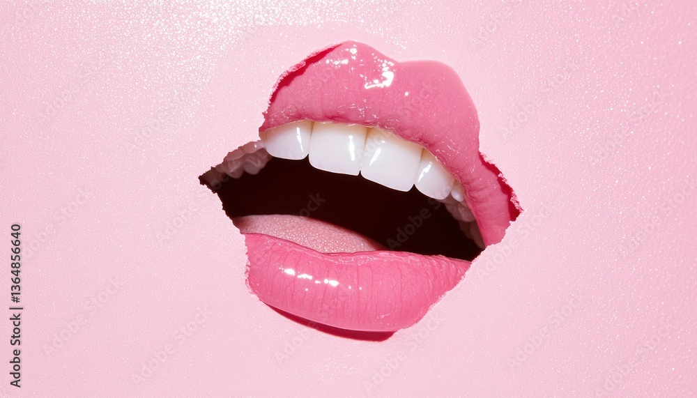 Pink lips peeking through a tear in pink paper, revealing teeth and a ...