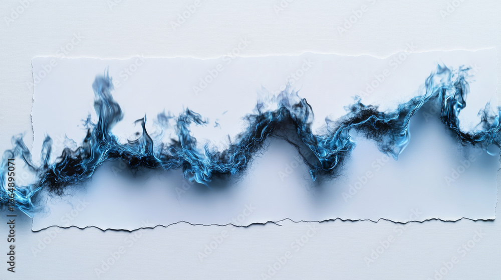 Burning white paper sheets with blue fire and black scorched edges ...