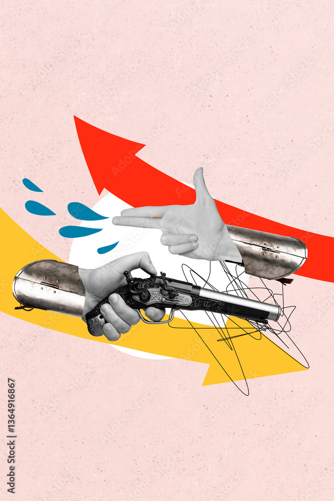 Vertical artwork trend collage of hands show weapon pistol handgun ...