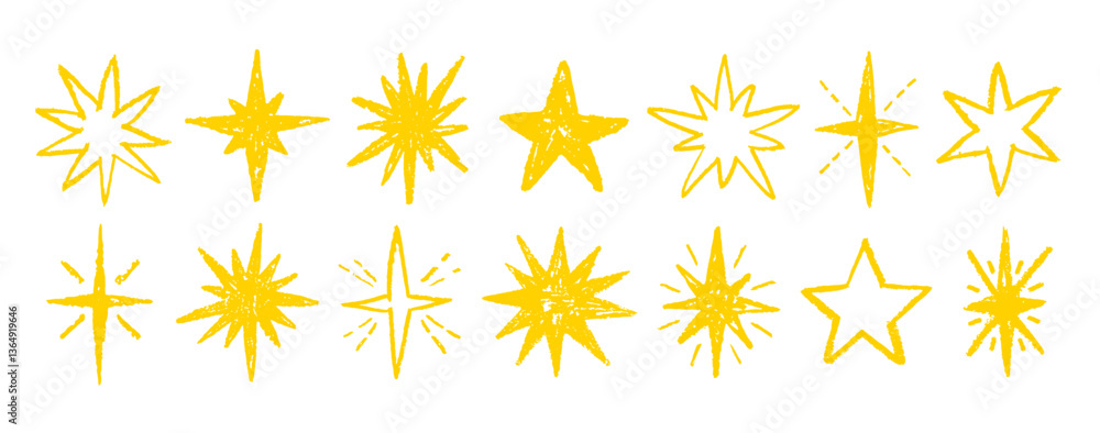 Crayon star shape, hand drawn pencil line doodle pattern. Pastel brush ...