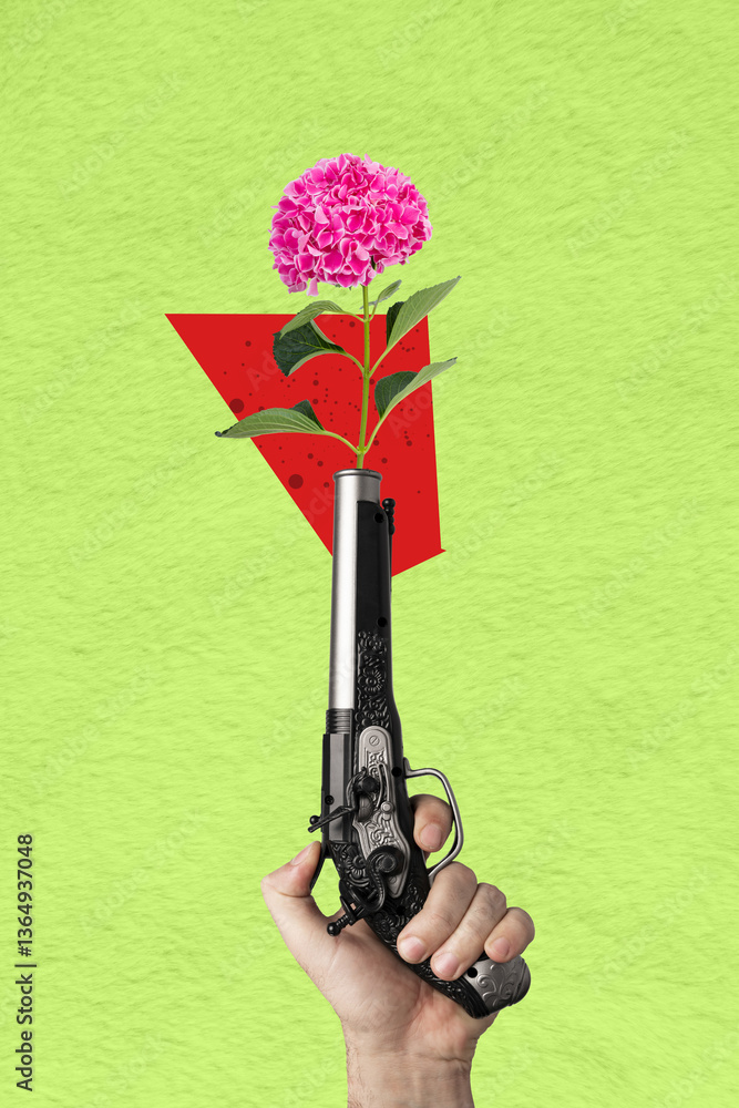 Trend artwork banner sketch 3D photo collage of hand hold retro gun ...