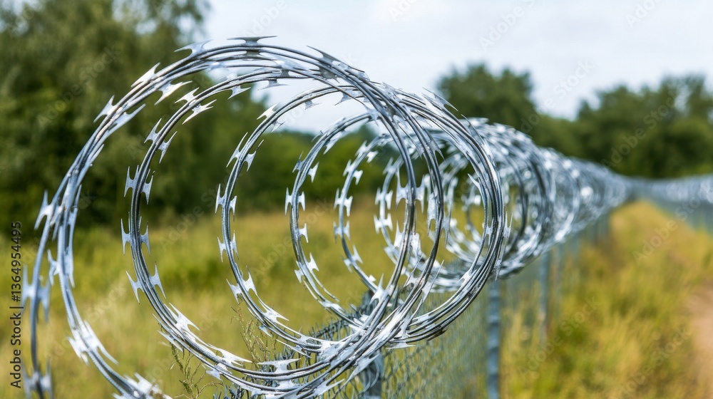 Barbed wire, wound in coils on a metal fence, serves as a boundary ...
