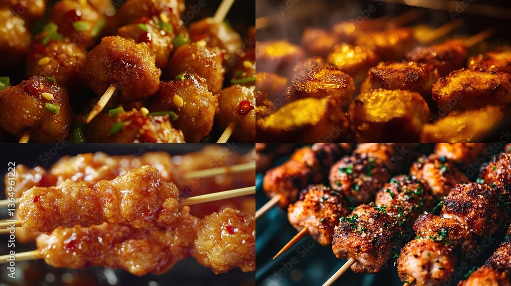 Four types of grilled chicken skewers. Stock Photo | Adobe Stock