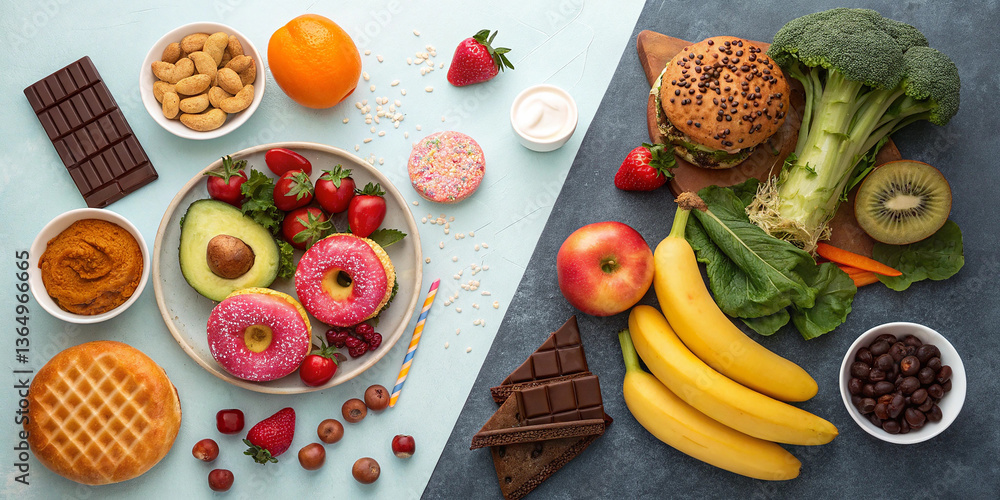 Mix of Healthy and unhealthy food background from fruits and vegetables ...