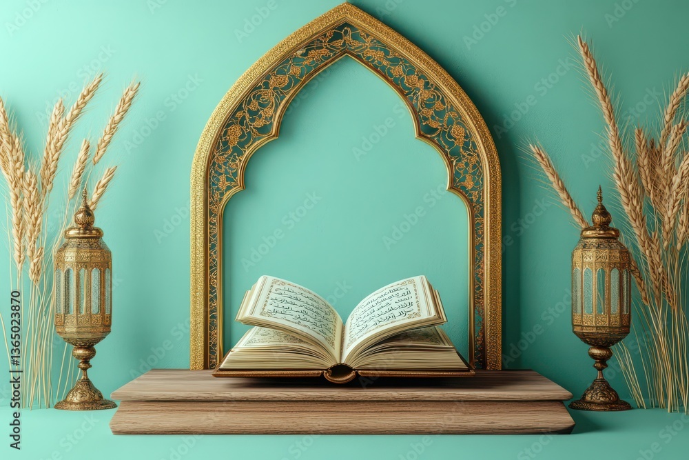 Islamic ornate frame, Quran stand, open holy book, golden arches ...