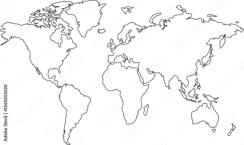 Black Line Art Blank World Map Vector Clipart Illustration for ...