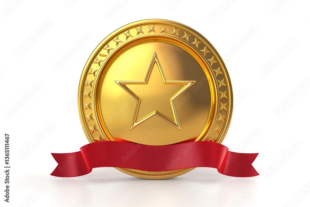Golden Star Award Medallion with Elegant Red Ribbon for Achievement ...