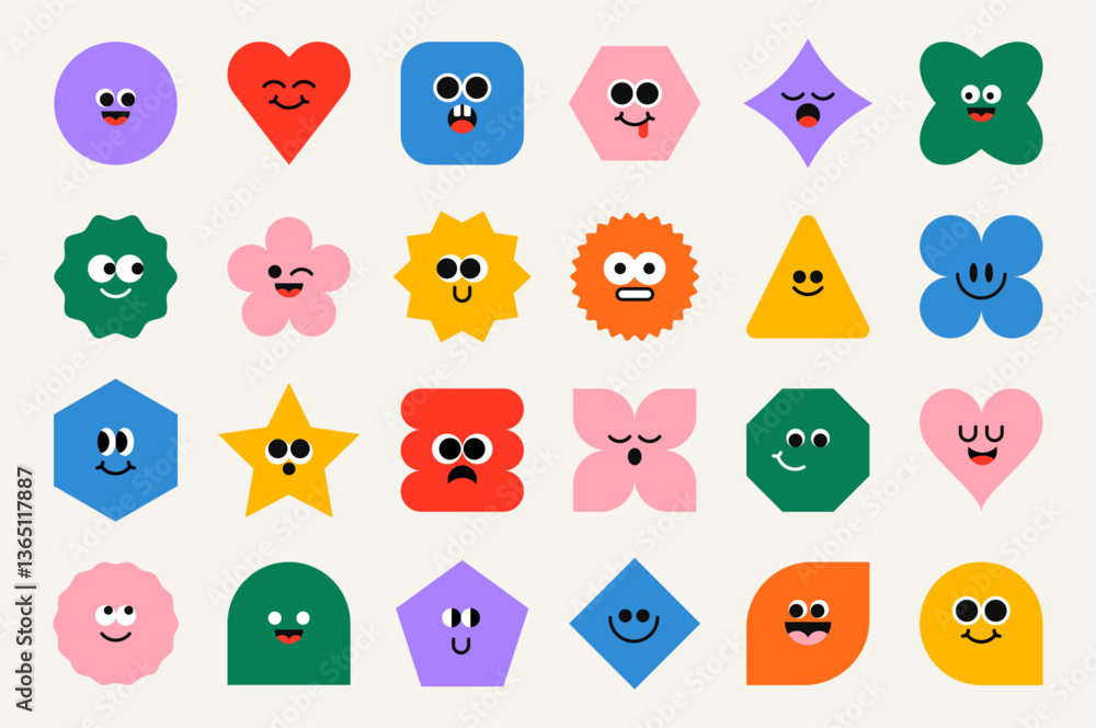 Geometric shapes with cute faces. Funny geometrical figures. Set of ...