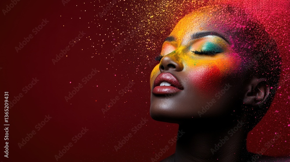 A mesmerizing portrait featuring a woman with vibrant colors bursting ...