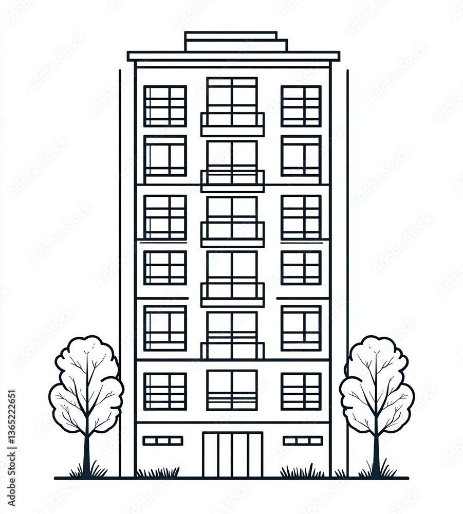 Modern apartment building illustration. Simple line drawing of a multi ...