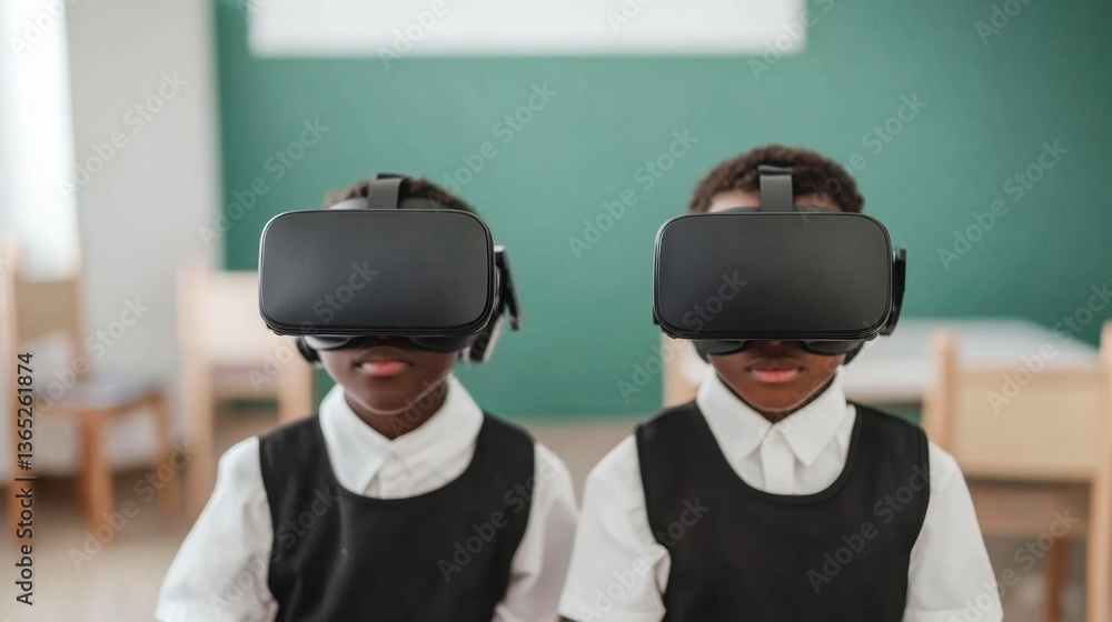 Two children wearing VR headsets sit side by side in a classroom ...