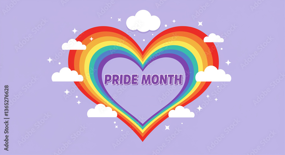 Heart shaped rainbow with Pride Month text and clouds on purple ...