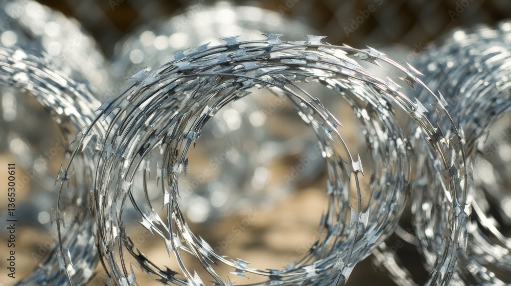Coiled rolls of sharp metal barbed wire used for fencing, security, and ...
