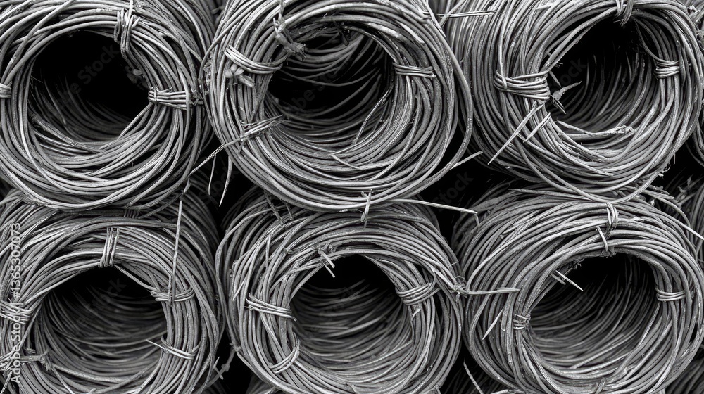 Coiled rolls of sharp metal barbed wire used for fencing, security, and ...