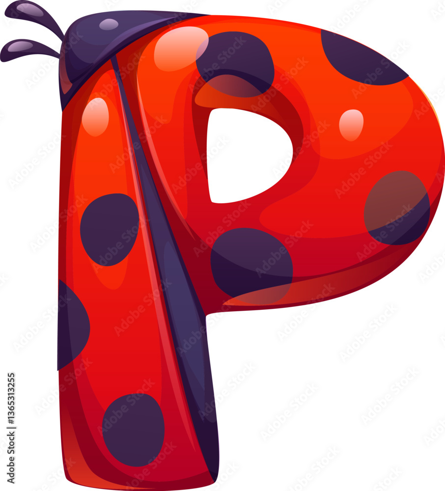 Ladybug beetle cartoon font letter P. Garden ladybug beetle type sign ...
