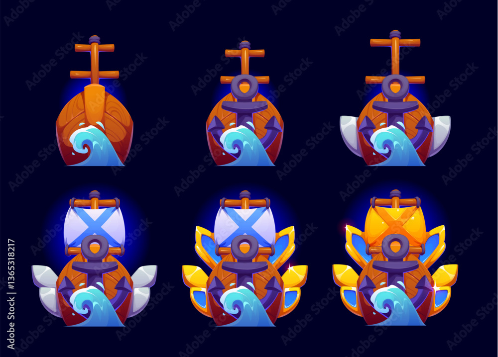Nautical marine game rank badge, naval level medal progression icons ...