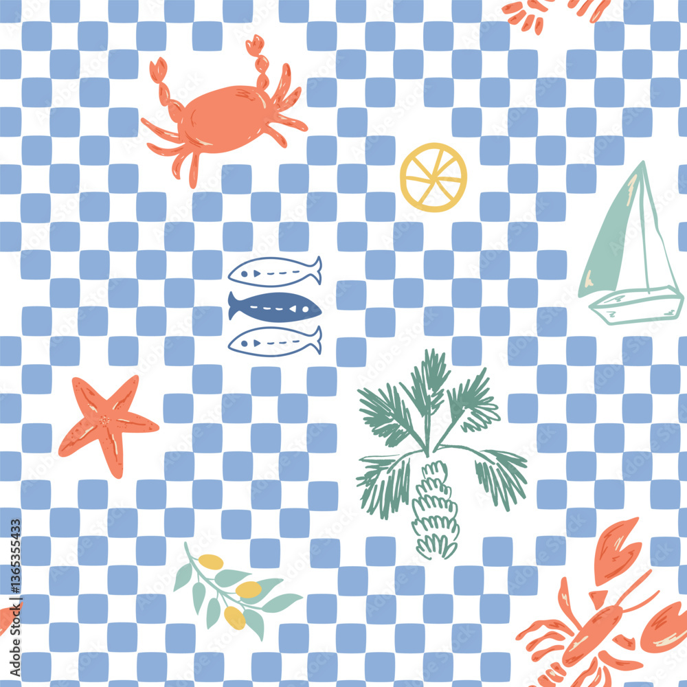 Blue summer checkered seamless pattern with lobster, crab, sardines ...