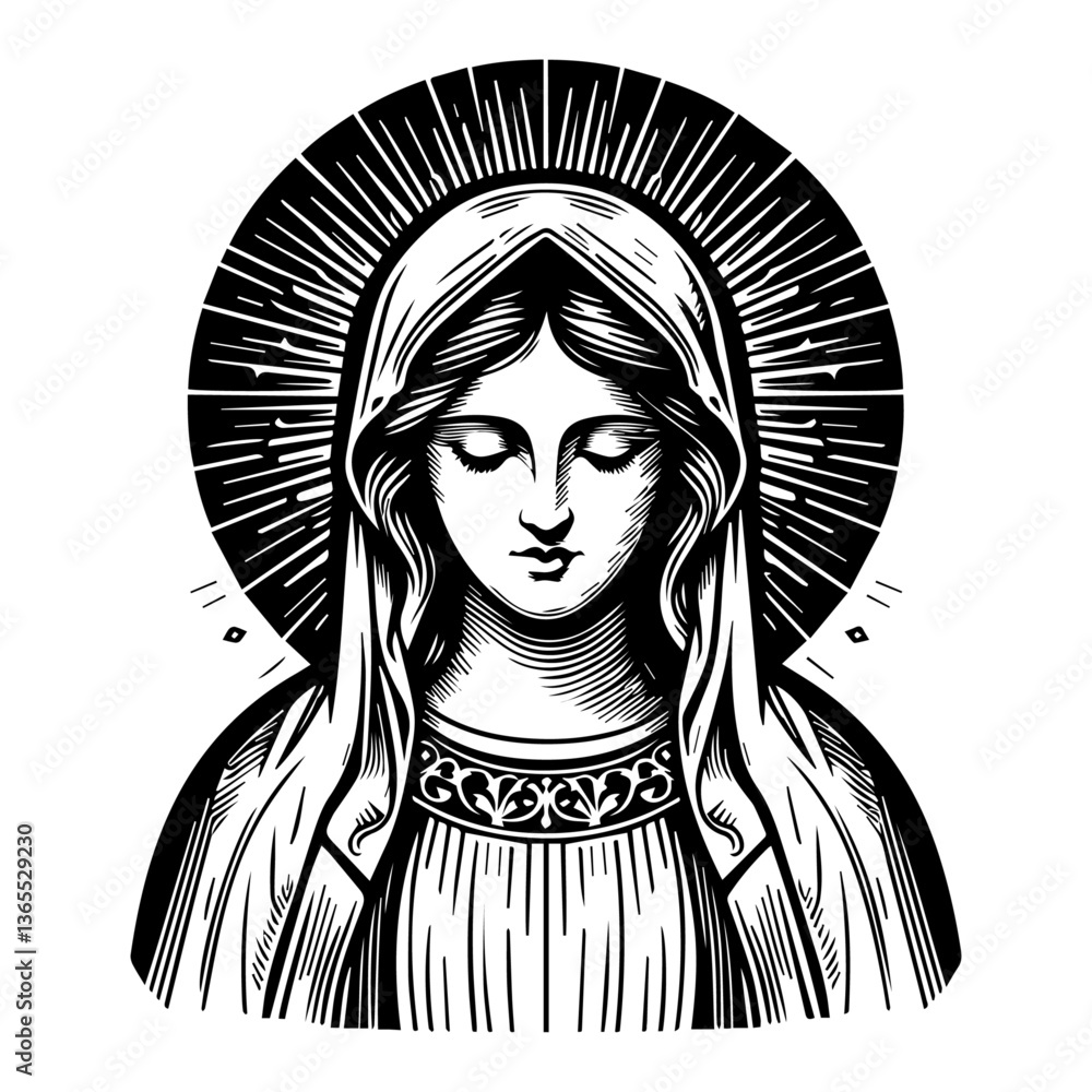 Engraved Virgin Mary bust with radiant halo – black‑and‑white vector ...