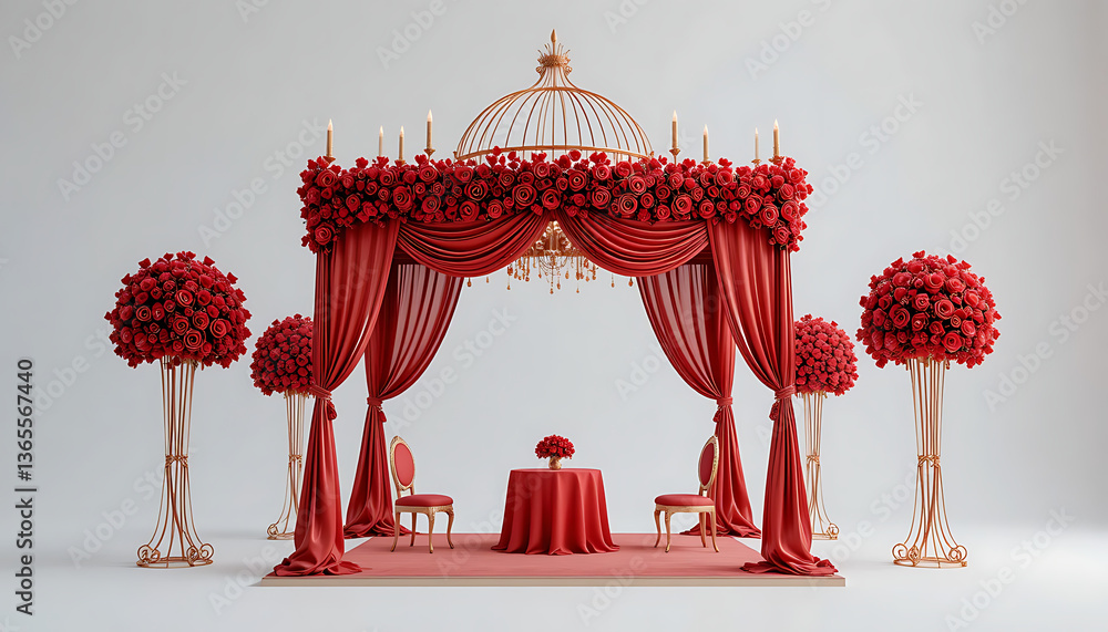 Buddhist prayer wheels, red curtain, white back background, table ...