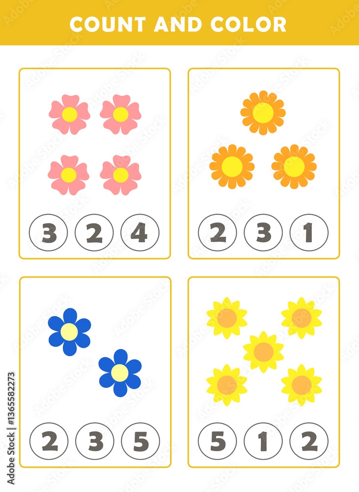 Count and color worksheet for kids. Math Game with Cute Flower Pictures ...