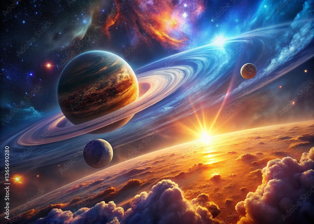 Ilustração Breathtaking Aerial View of Binary Star System, Cosmic ...