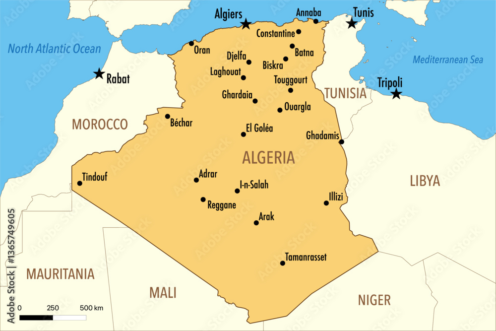 Vector Map of Algeria with Major Cities and Neighboring Countries ...