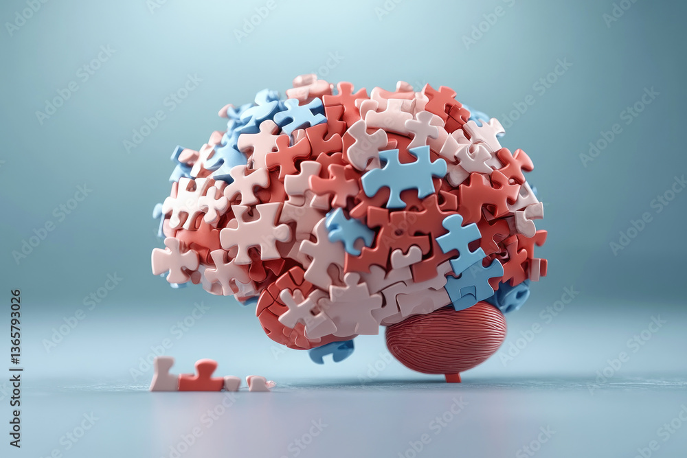 brain shaped structure made of interlocking puzzle pieces in various colors symbolizes solving ...