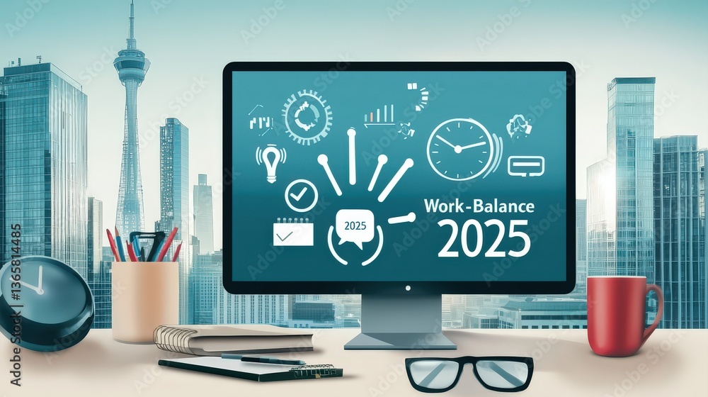 2025 Start and Lifestyle concept. Digital workspace concept illustrating work-life balance for ...