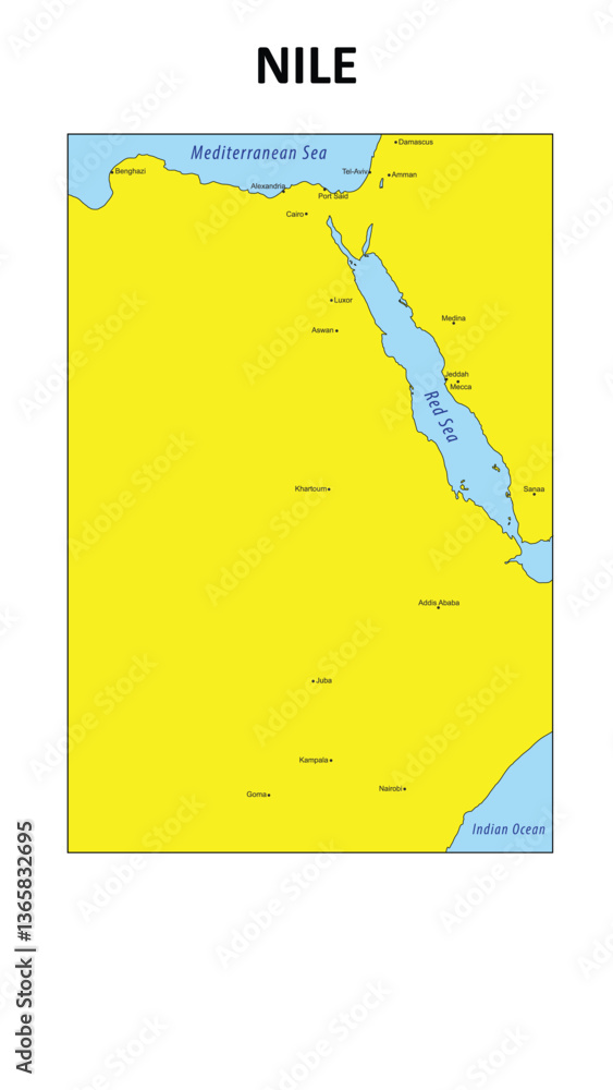 Nile Map. Major cities in Nile. Political map of Nile with border and ...