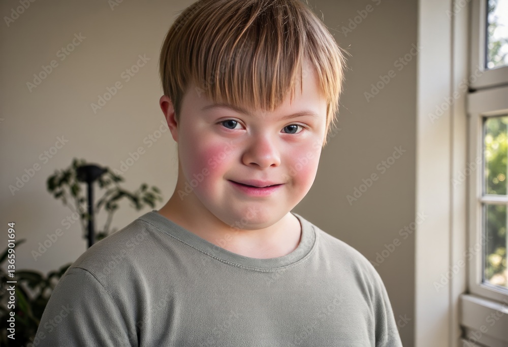 Smiling Caucasian boy with Down syndrome by a window, embracing joy and ...