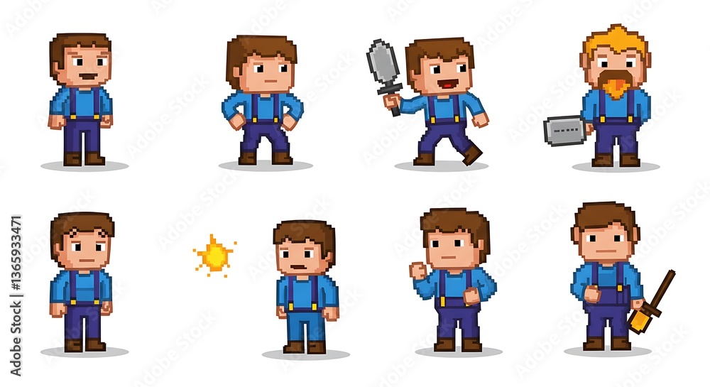 Pixel Art Character Set Wearing Overalls with Different Poses and Items ...